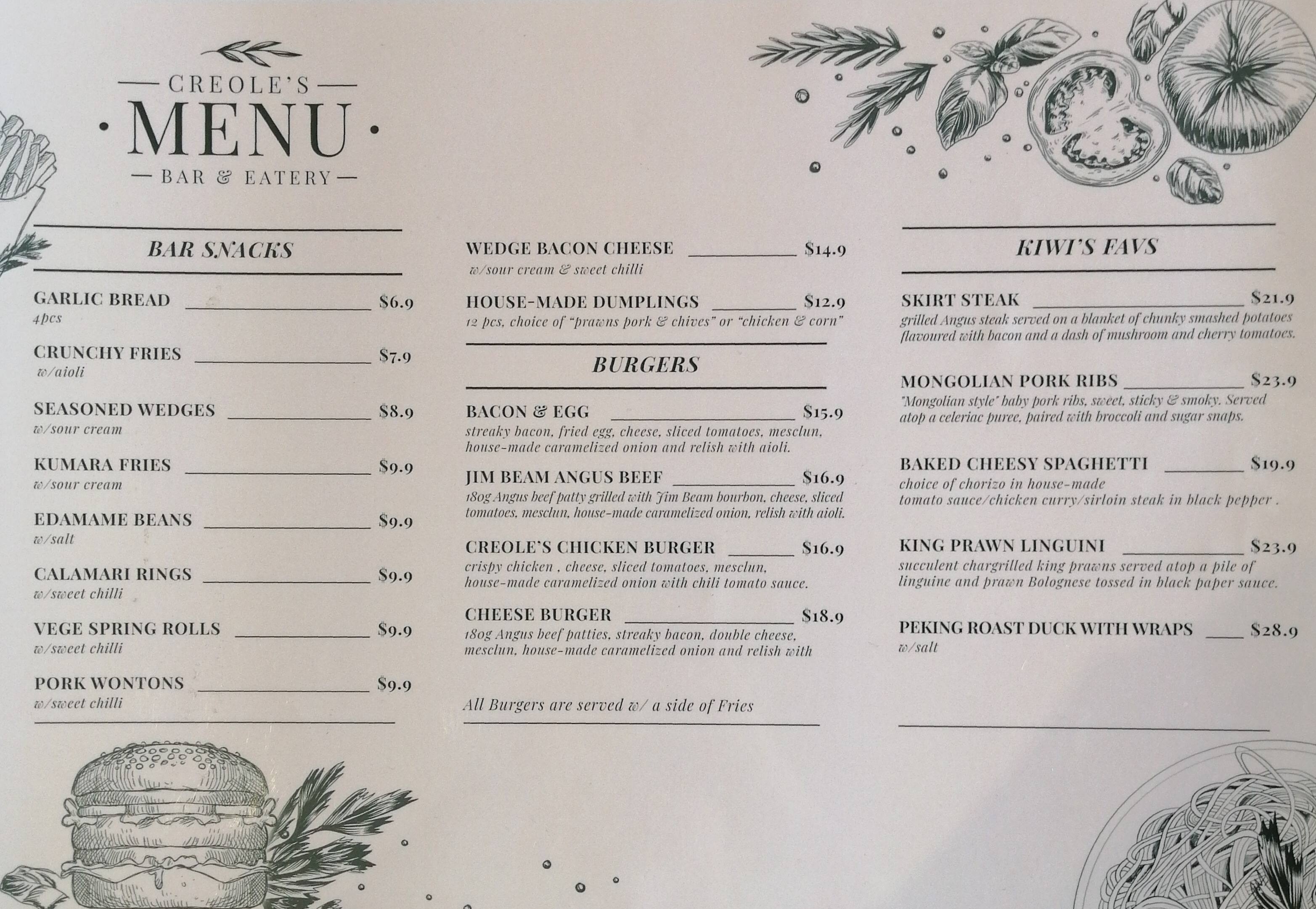 Menu at Creole's Bar & Cafe, Auckland