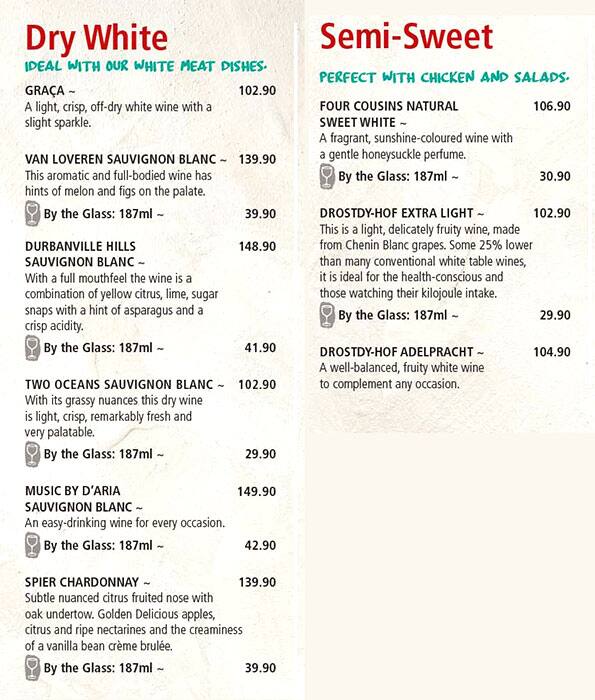 Menu at Panarottis Montana pizzeria, Pretoria