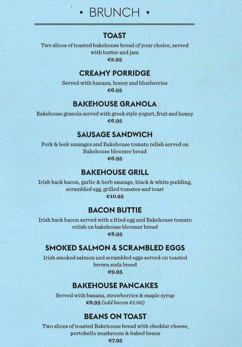Menu at The Bakehouse Dublin cafe, Dublin, 6 Bachelors Walk