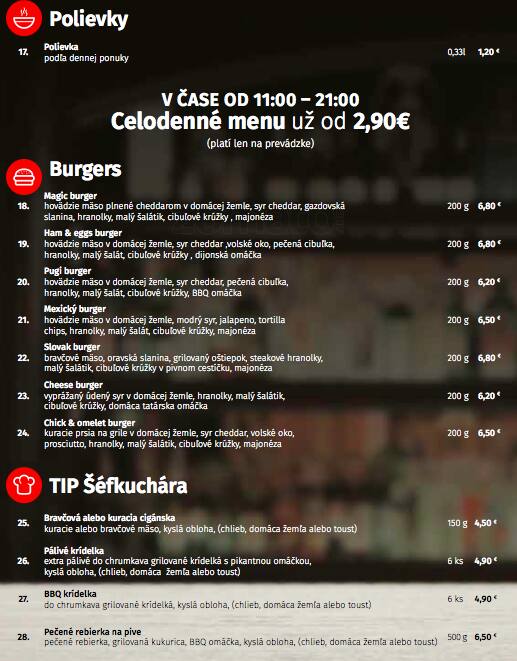 Speisekarte von Magic Sport Pub, Bratislava