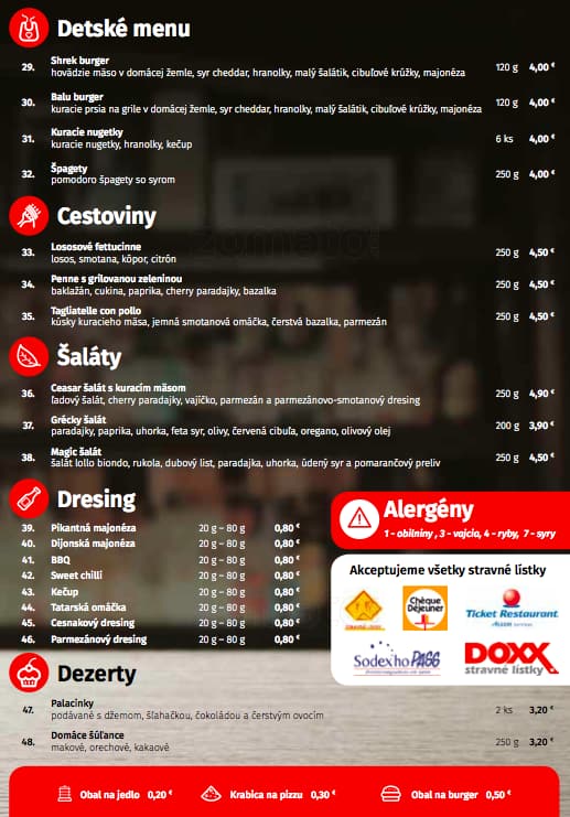 Speisekarte von Magic Sport Pub, Bratislava