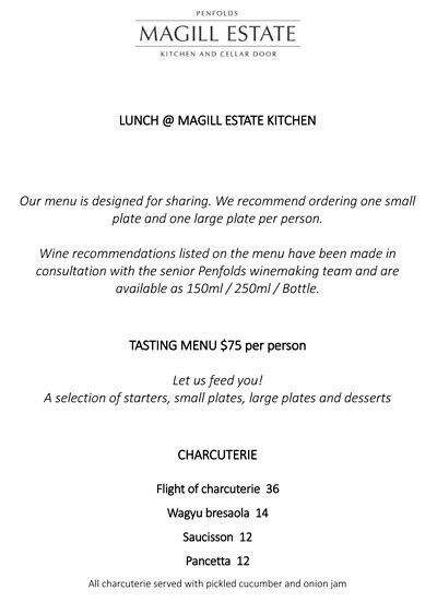 Carta de Magill Estate Restaurant, Rosslyn Park, 78 Penfold Road