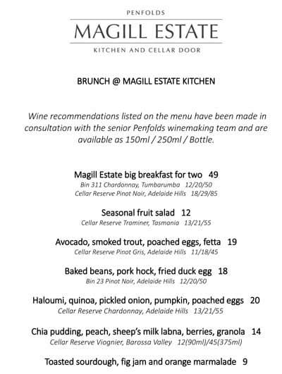 Carta de Magill Estate Restaurant, Rosslyn Park, 78 Penfold Road