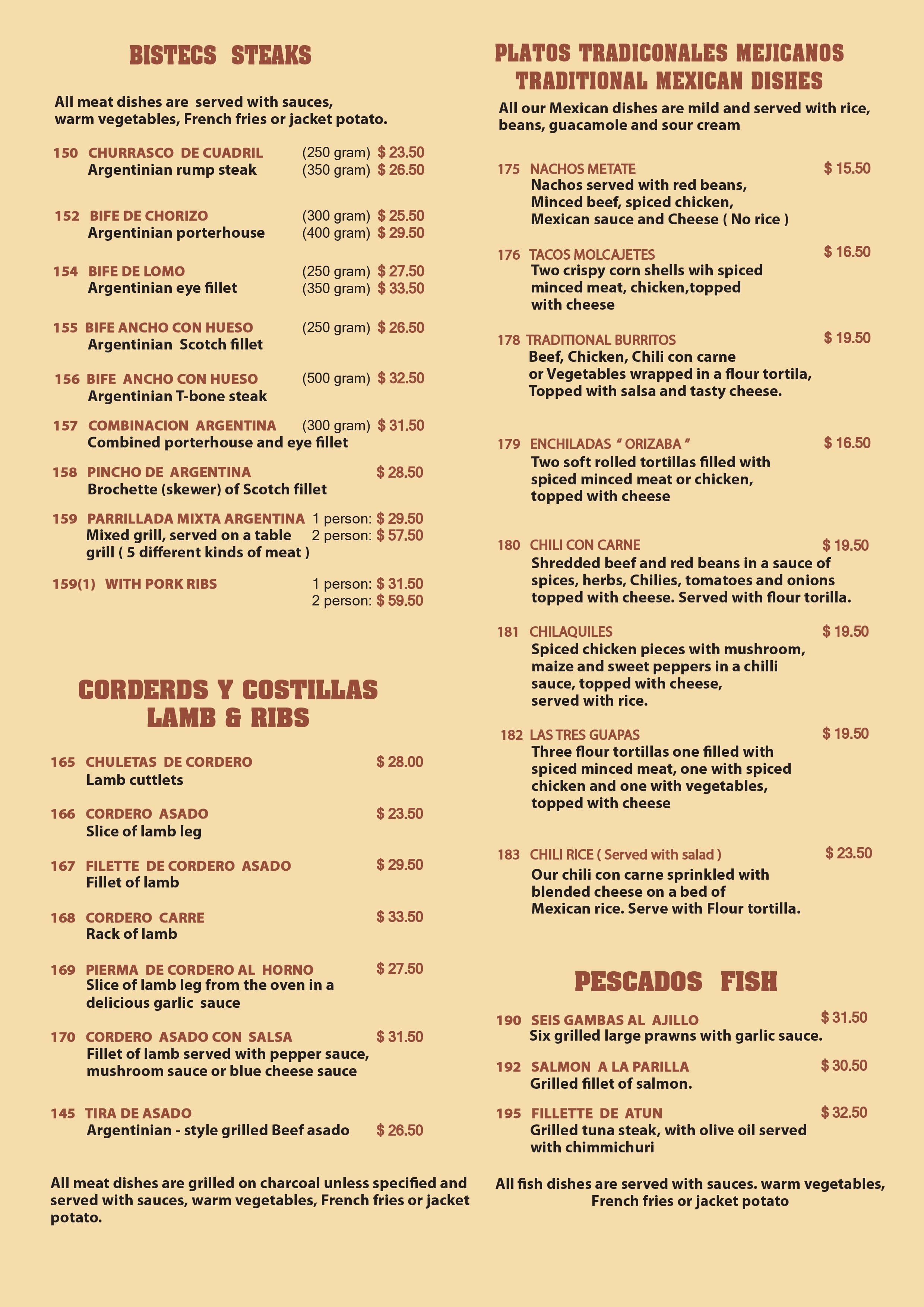 Menu at Los Argentinos restaurant, Frankston, SZ1