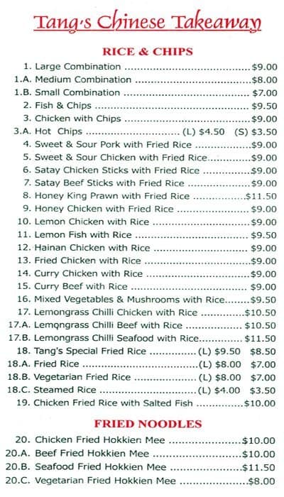 Menu at Tang's Chinese Takeaway restaurant, Ballajura