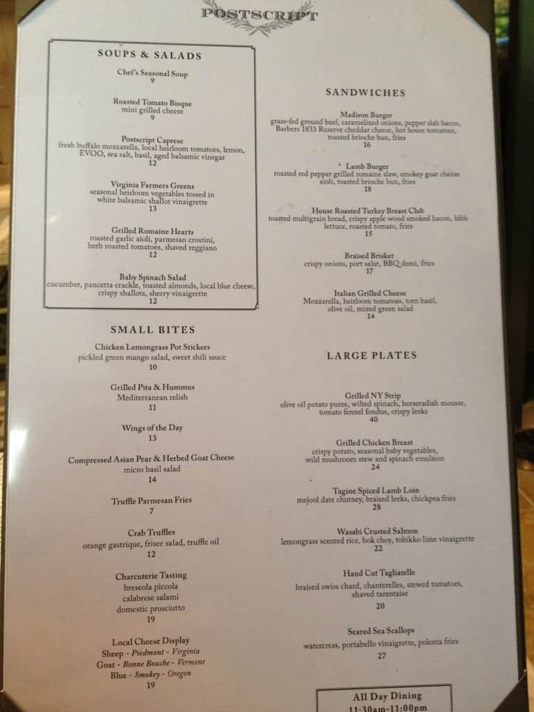 Menu at PostScript pub & bar, Washington