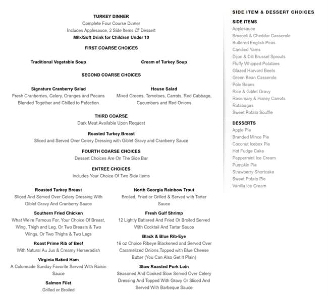 Menu at The Colonnade restaurant, Atlanta