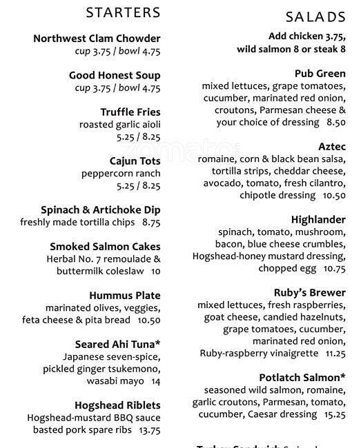 Menu at McMenamins on the Columbia pub & bar, Vancouver