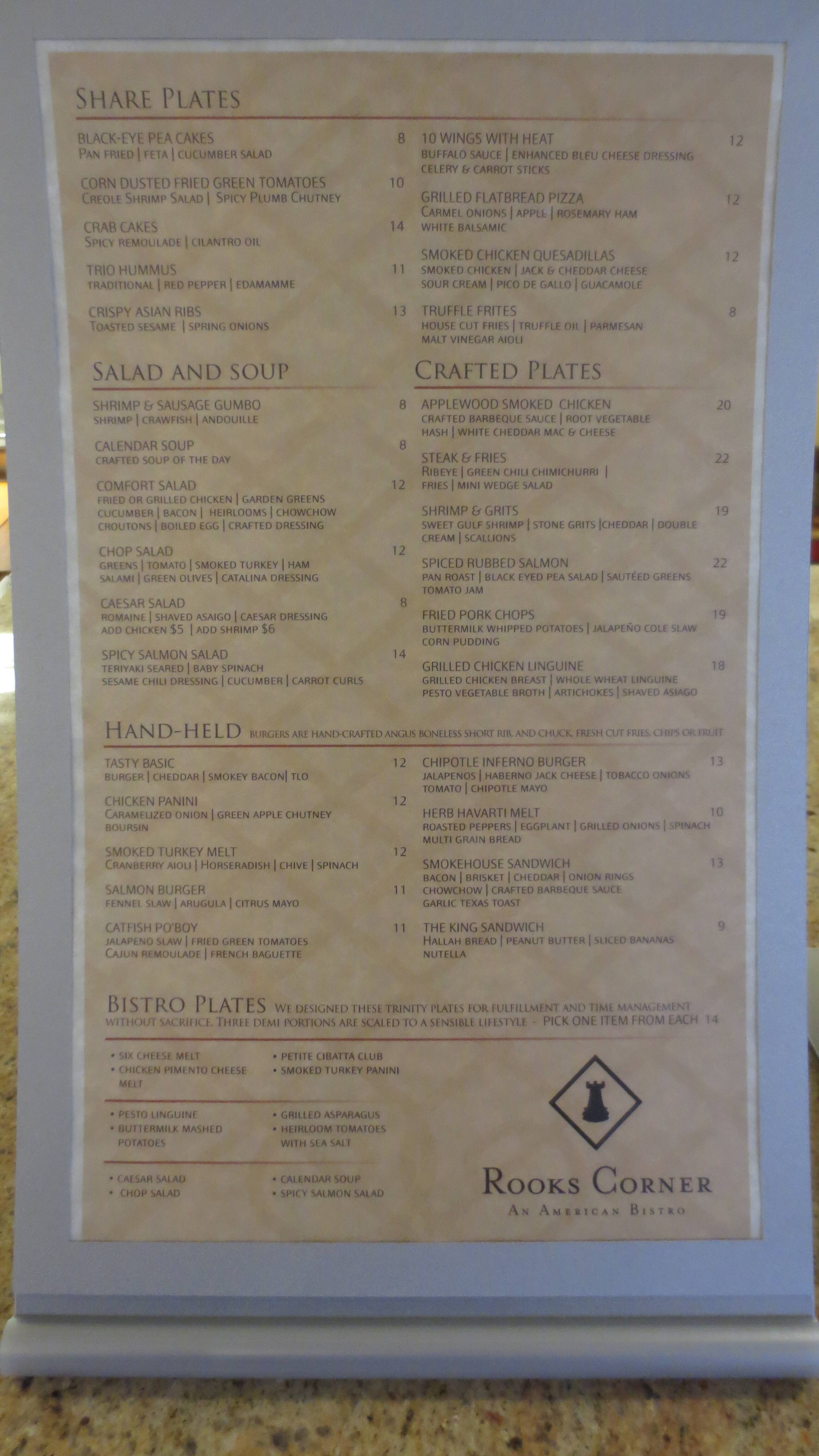 Menu at Rook's Corner restaurant, Memphis