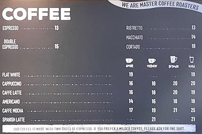 Menu at Caffè Nero cafe, Ras Al-Khaimah, Al Hamra Mall