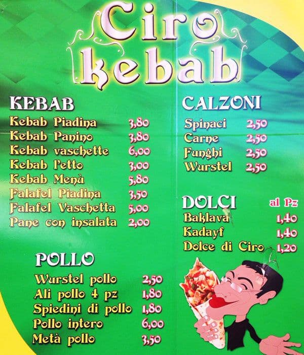 Menu at Ciro Kebab pizzeria, Rome, Via dei Castani