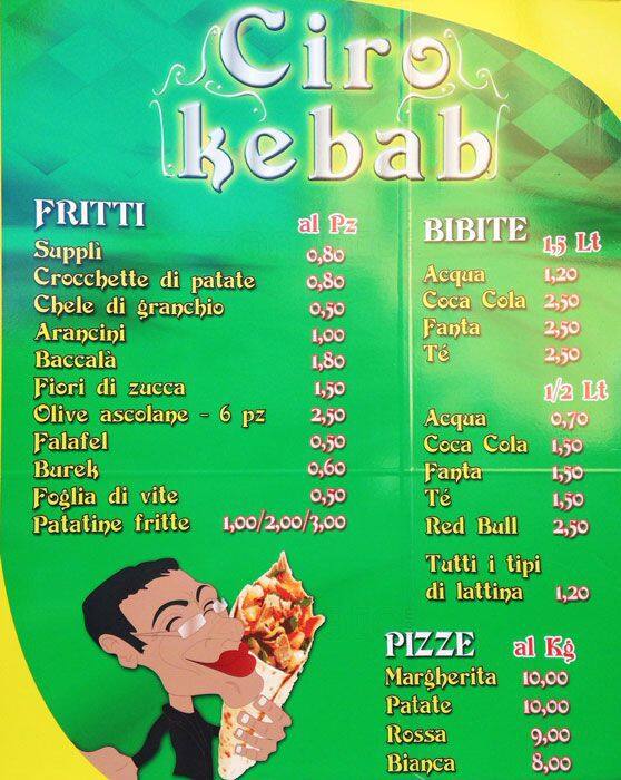 Menu at Ciro Kebab pizzeria, Rome, Via dei Castani