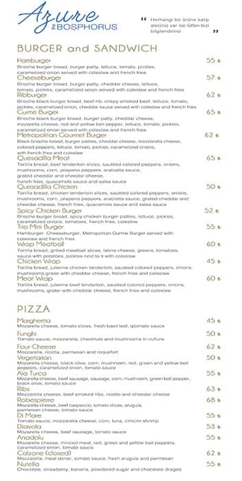 Menu at Azure The Bosphorus, Istanbul