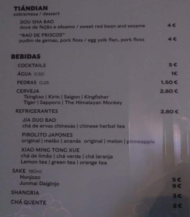 Menu at Bao House restaurant, Lisbon