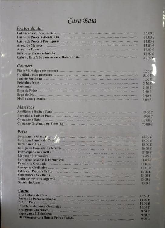 Menu at Restaurante Casa Baía, Lagos
