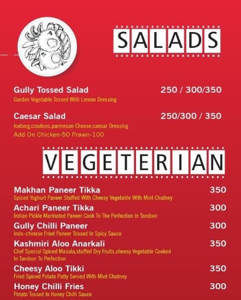 Menu of Gully Baar, Kilpauk, Chennai