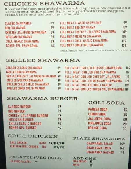 Menu of Doner Shawarmas, Vadapalani, Chennai