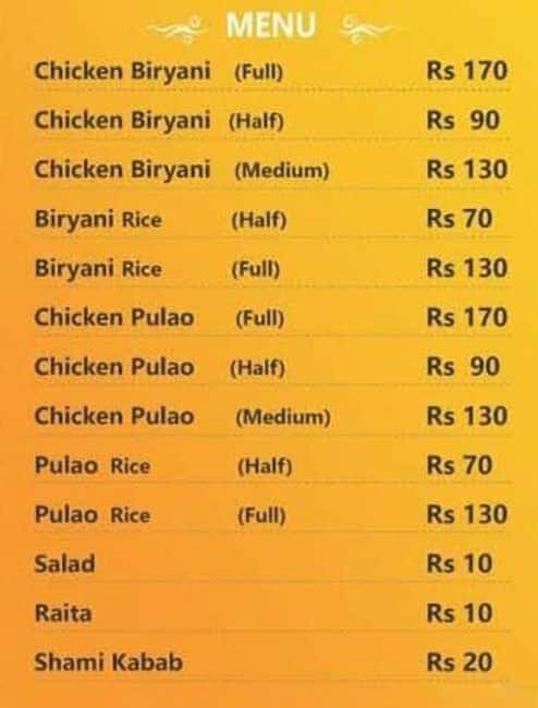 Menu of The Biryani Mahal, Lanka, Varanasi
