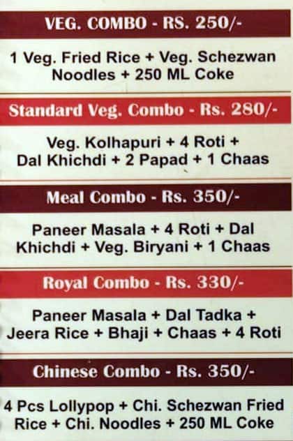 Menu of Parkway, Chembur, Mumbai