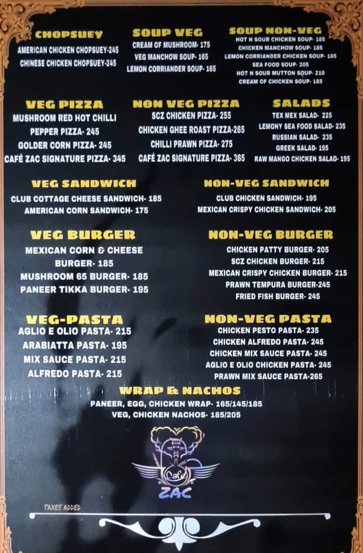 Menu of Cafe Zac, Marathahalli, Bangalore