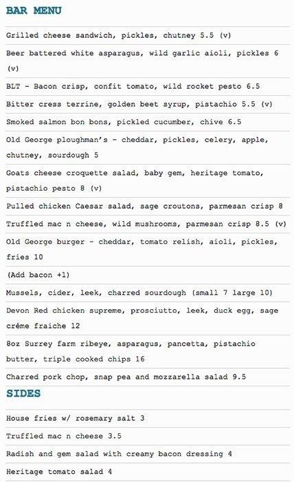 Menu at Old George pub & bar, London, 379 Bethnal Green Road