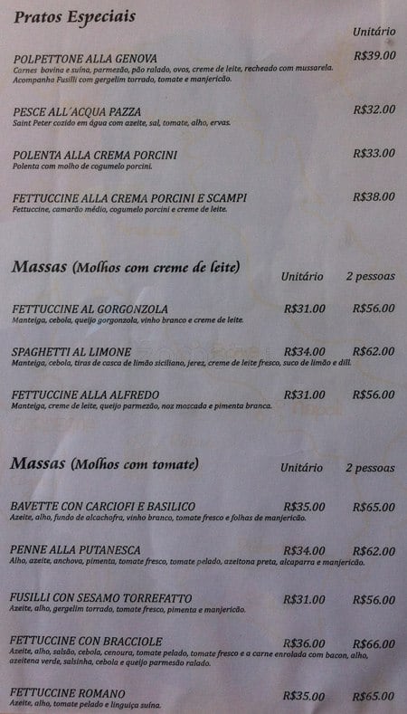 Menu em Genova restaurante, São Paulo, Rua Lisboa