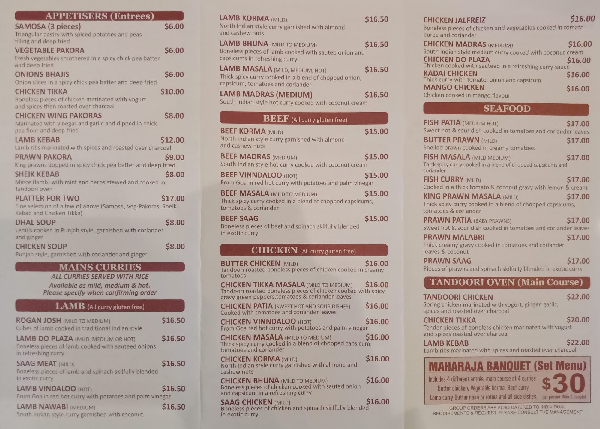 Menu at Wishing Well of India restaurant, Orewa, 332 Hibiscus Coast Hwy