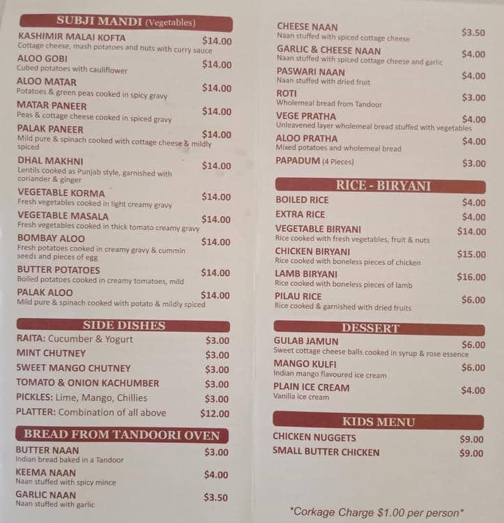 Menu at Wishing Well of India restaurant, Orewa, 332 Hibiscus Coast Hwy