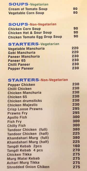 Menu of Deccan Restaurant, Begumpet, Hyderabad