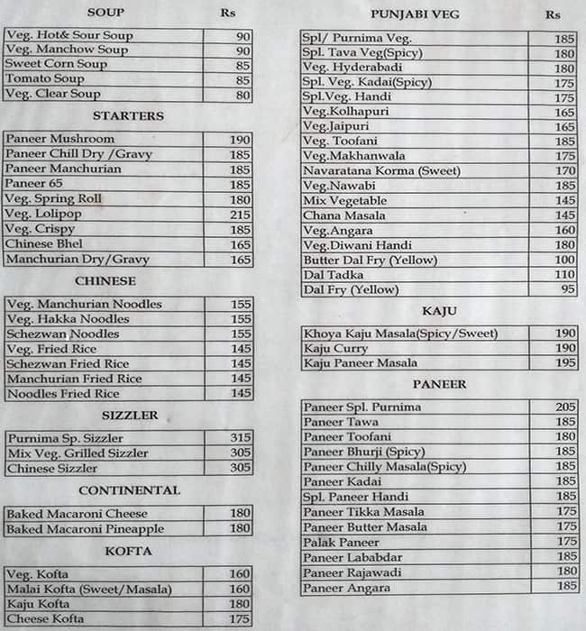 Menu of Purnima, Sector 16, Gandhinagar