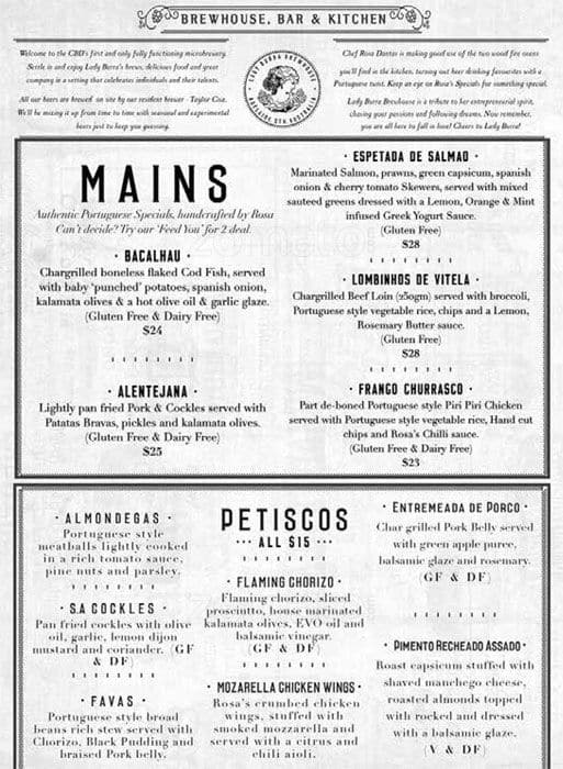 Menu at Lady Burra Brewhouse pub & bar, Adelaide