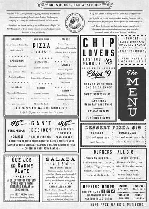 Menu at Lady Burra Brewhouse pub & bar, Adelaide