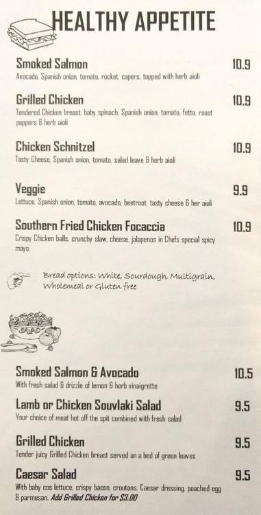 Menu at B Club Cafe, Melbourne