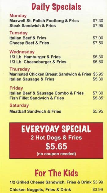 Menu at Scooby's Red Hots restaurant, Bensenville, 25 W Grand Ave