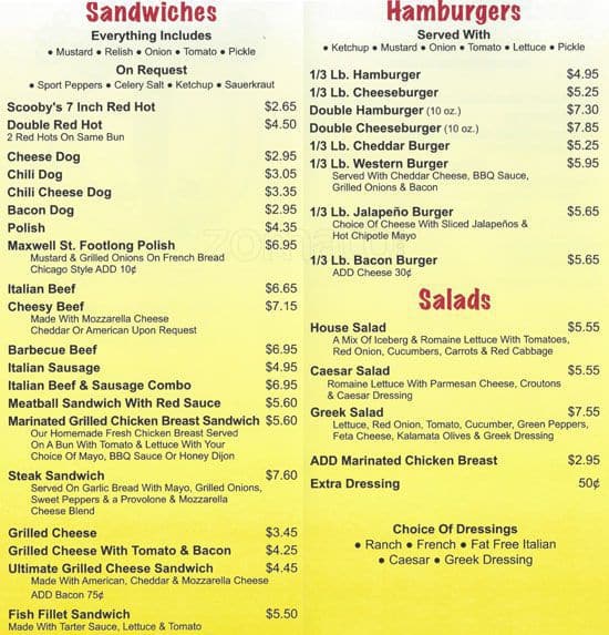 Menu at Scooby's Red Hots restaurant, Bensenville, 25 W Grand Ave