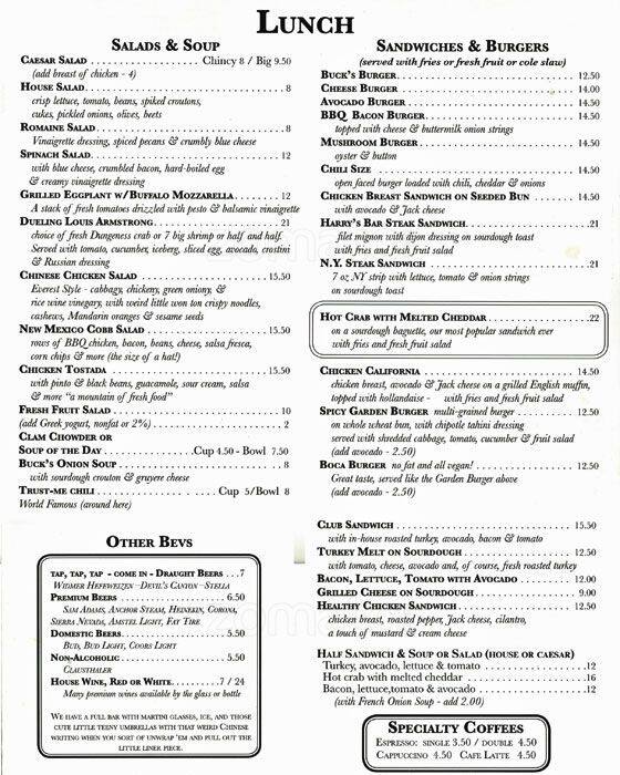 Menu at Buck's restaurant, Woodside, Woodside Rd