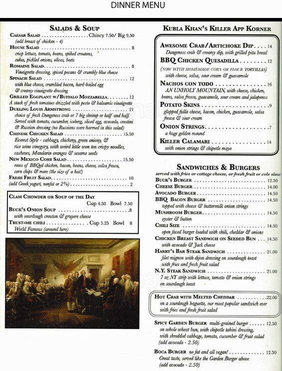 Menu at Buck's restaurant, Woodside, Woodside Rd