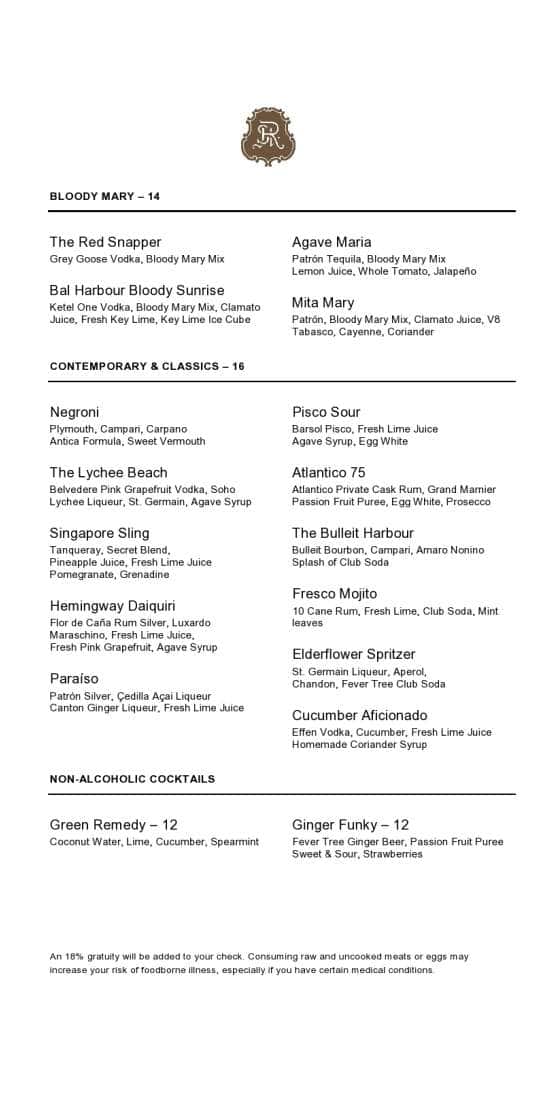Carta del pub y bar The Grill at St. Regis, Bal Harbour