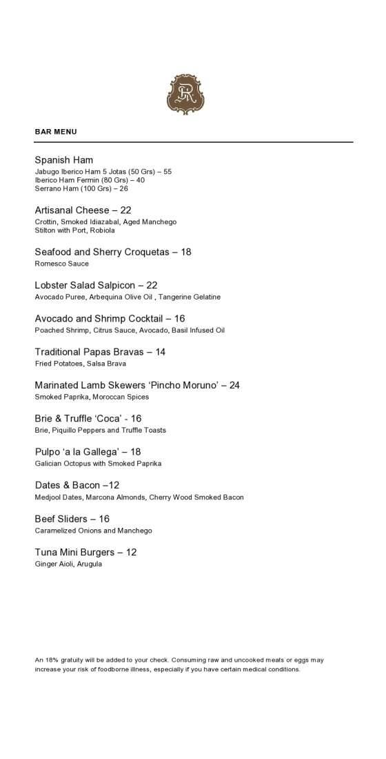 Carta del pub y bar The Grill at St. Regis, Bal Harbour