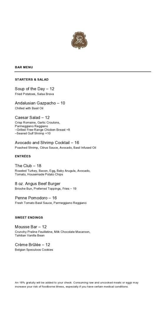 Carta del pub y bar The Grill at St. Regis, Bal Harbour