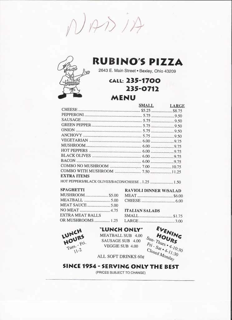 Menu at Rubinos Pizza pizzeria, Bexley