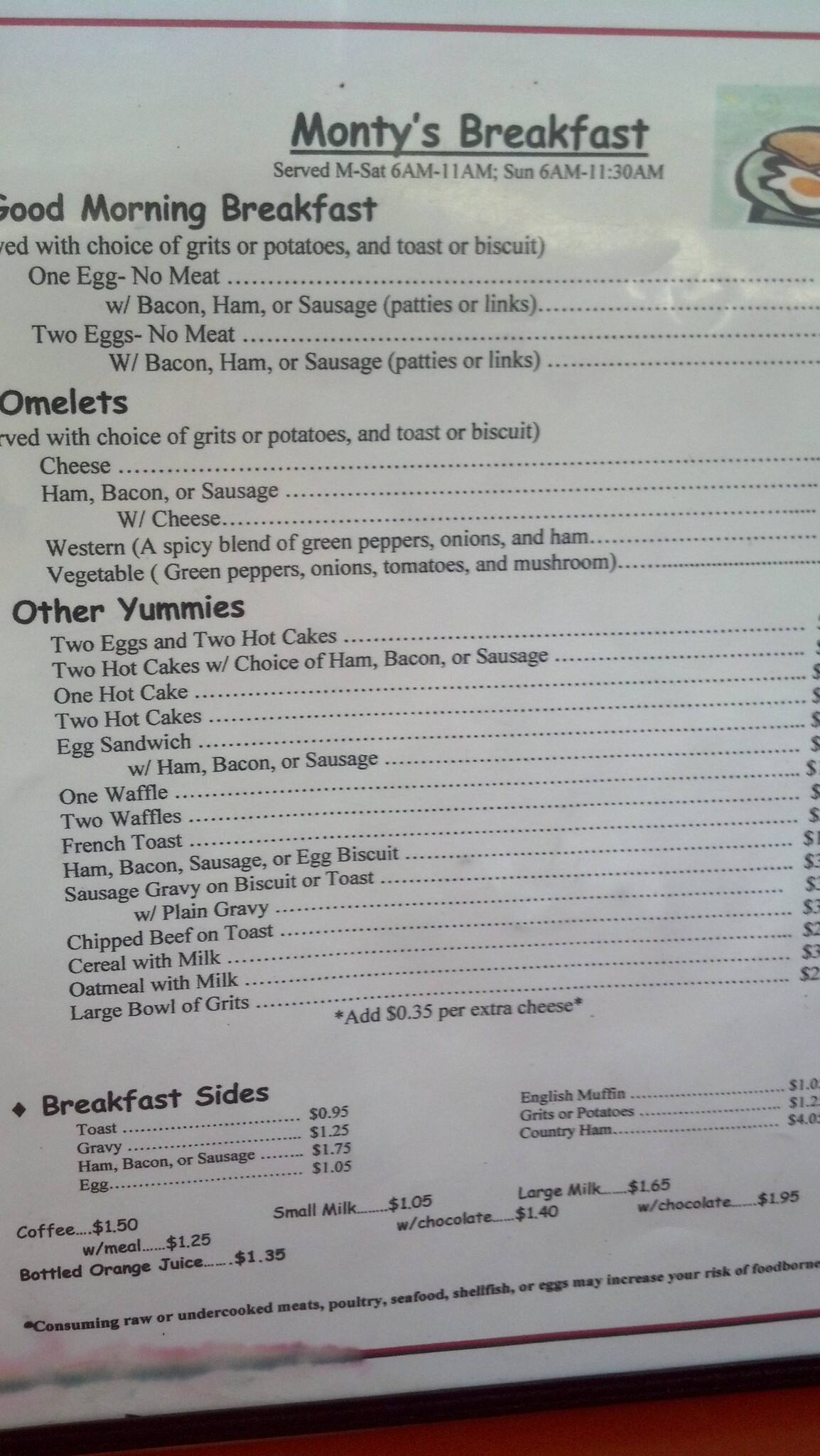 Menu at Monty's Penguin restaurant, Newport News