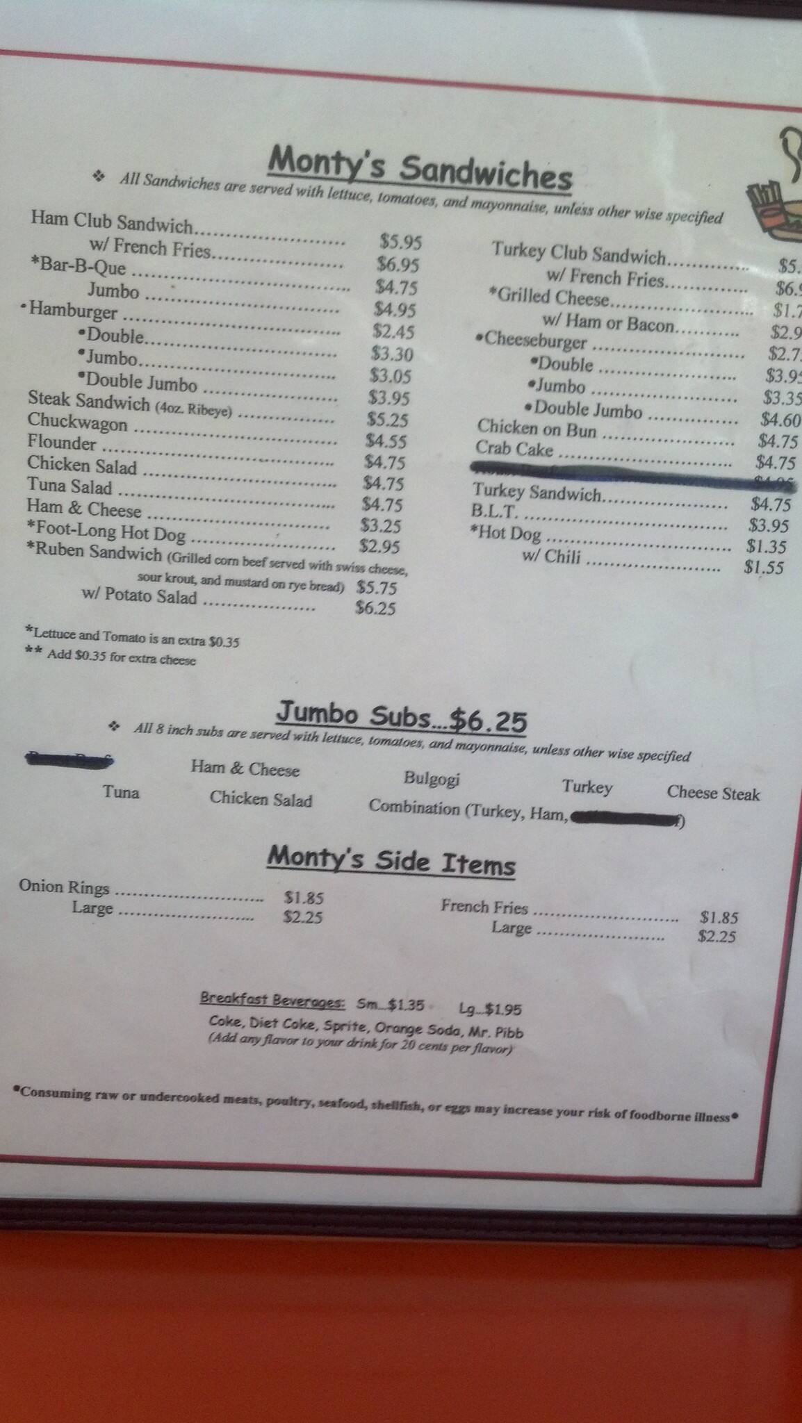 Menu at Monty's Penguin restaurant, Newport News