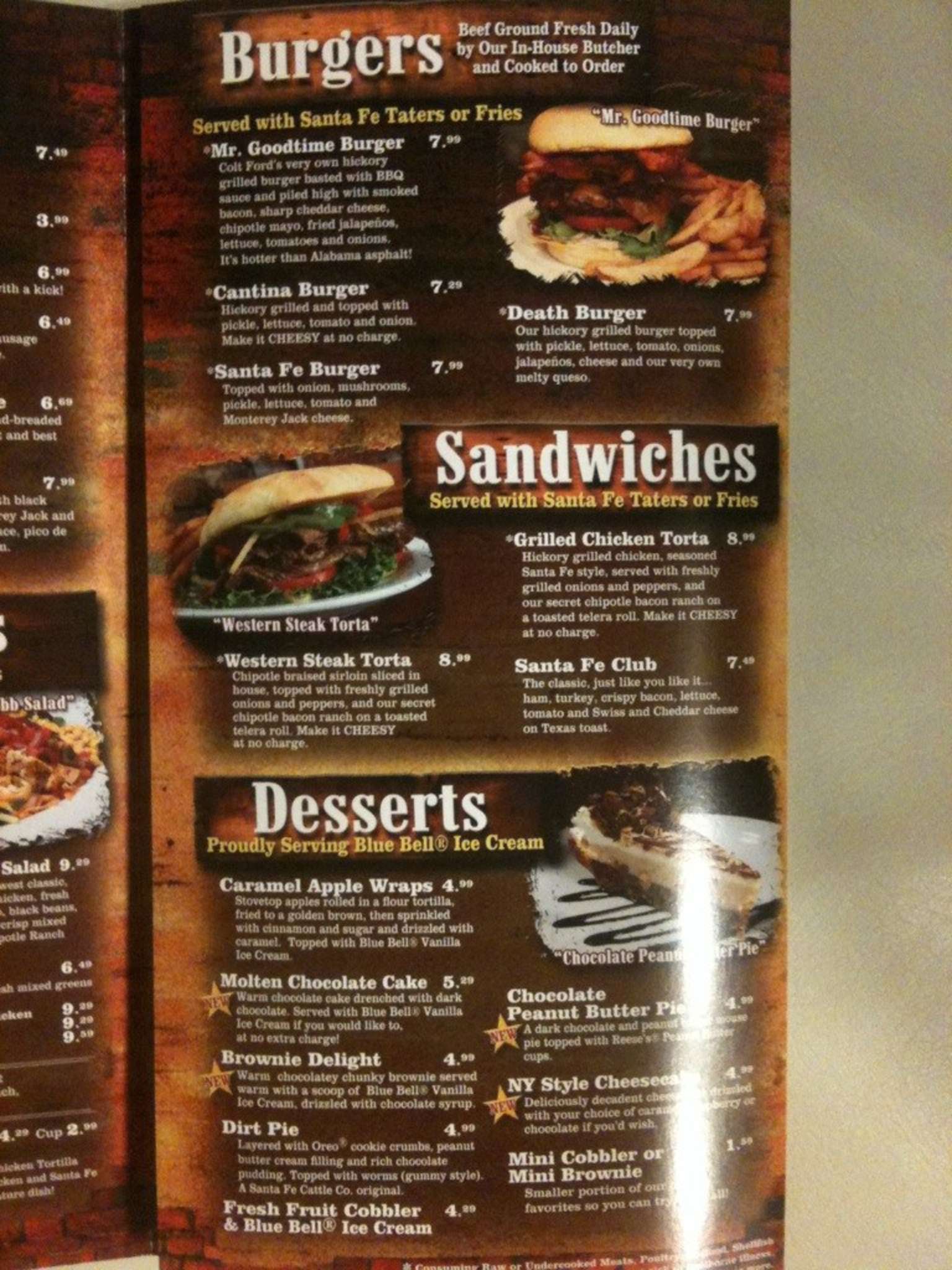 Menu at Santa Fe Cattle Company steakhouse, Sapulpa