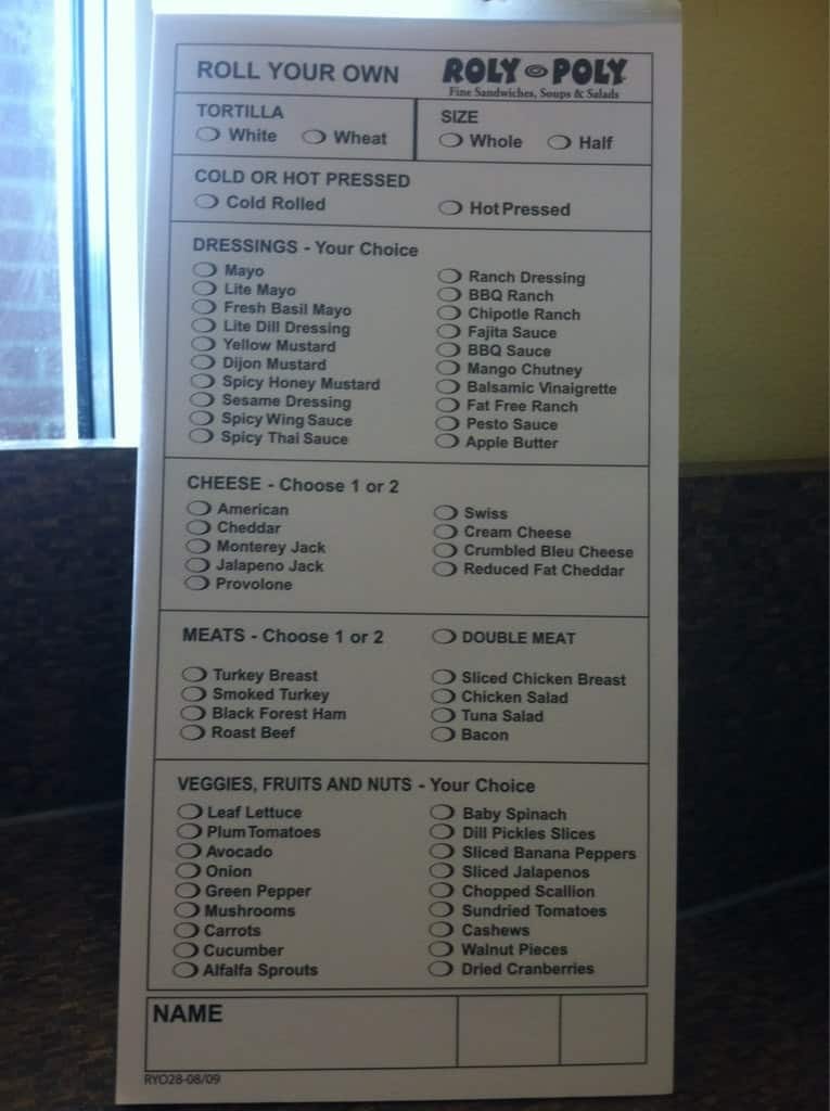 Menu at Roly Poly fast food, Charleston, Sam Rittenberg Blvd