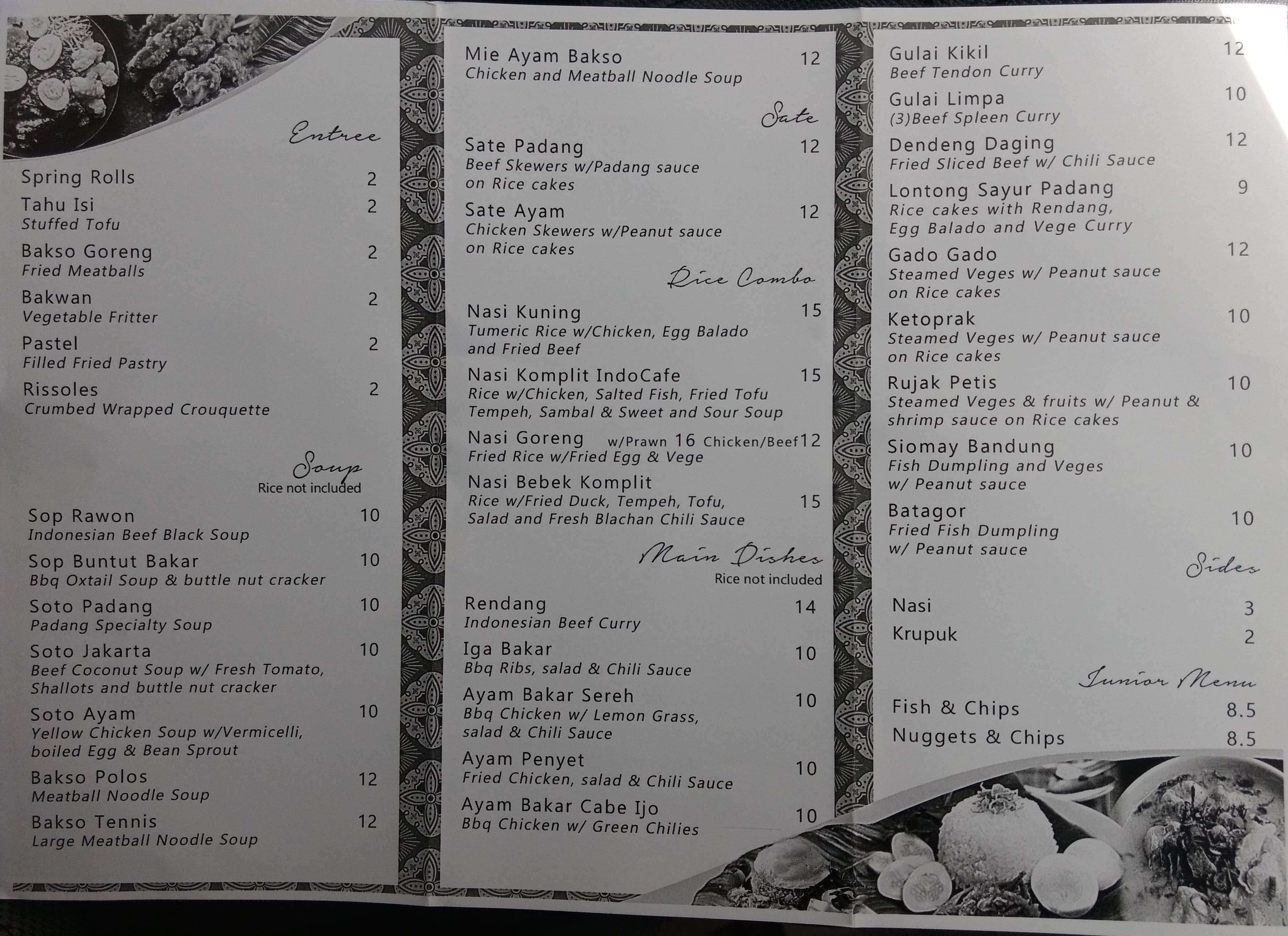 Menu at Indo Cafe, Belmore