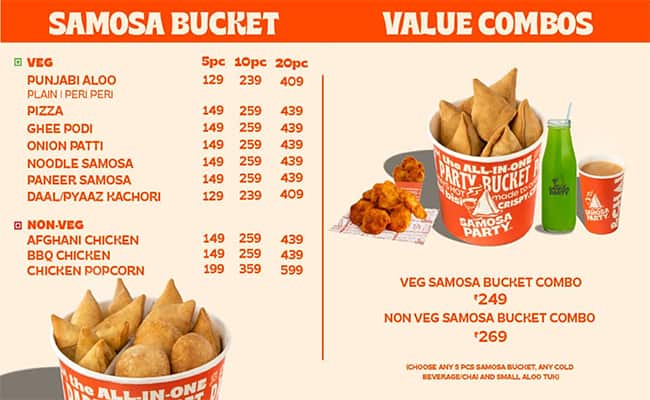 Menu of Samosa Party, Hennur, Bangalore