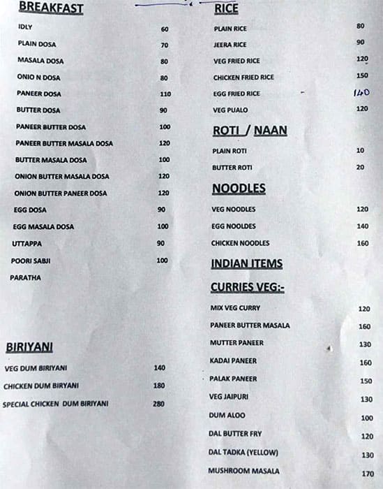 Menu of Hotel Manikanta, Amingaon, Guwahati
