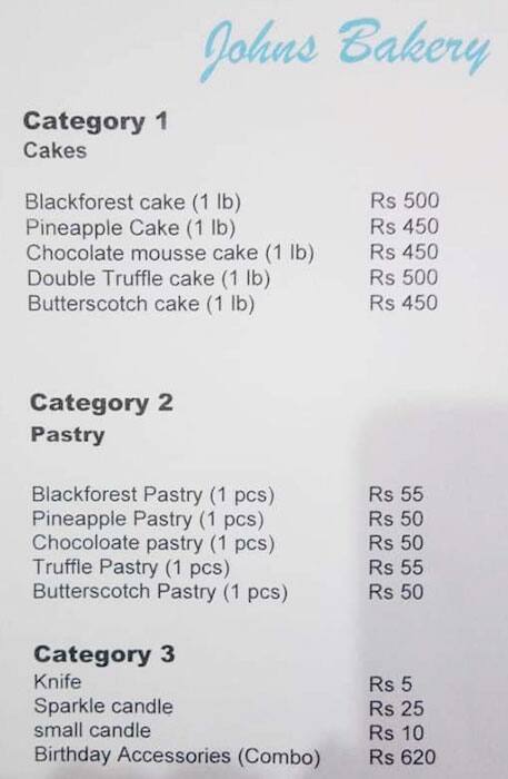 Menu of Johns Bakery, Paddapukur, Kolkata