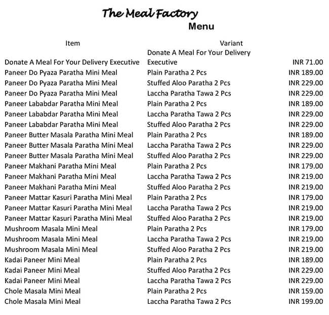 Menu of The Meal Factory, Indirapuram, Ghaziabad